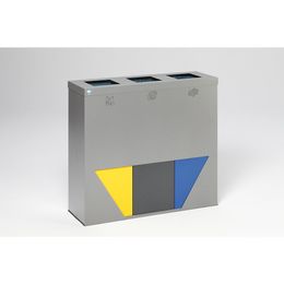 Var Wertstoffsammelstation TRAPEZ, 3 x 89 l, mit Aufsatz und Klemmring, silber mit 3 Einsätzen gelb / antiksilber / blau