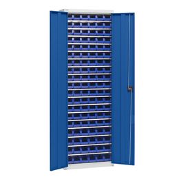 eurokraft pro Materialschrank mit Lagerkästen, Höhe 2000 mm, 18 Fachböden, lichtgrau / enzianblau