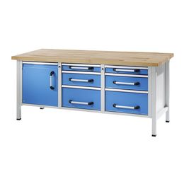 eurokraft pro Werkbank, Gestellbauweise, Breite 2000 mm, 6 Schubladen, 1 Türe, Buche massiv