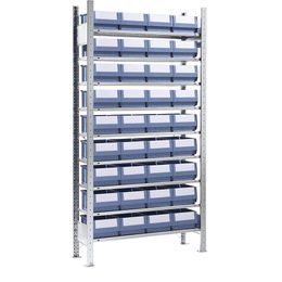 eurokraft pro Steckregal mit Regalkästen, Höhe 2000 mm, 36 Kästen, 9 Fachböden, Tiefe 336 mm, Anbauregal