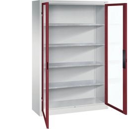 C+P Sichtfenster-Flügeltürschrank, HxBxT 1950 x 1200 x 400 mm, 4 Fachböden, lichtgrau / rubinrot