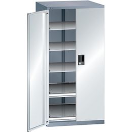 LISTA Schubladenschrank mit Flügeltüren, Höhe 1450 mm, 5 Böden, Traglast 75 kg, grau metallic / lichtgrau