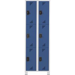 eurokraft pro 3er-Schließfachschrank Bremen, 2 Abteile, lichtgrau / brillantblau, Breite 800 mm, 6 Fächer