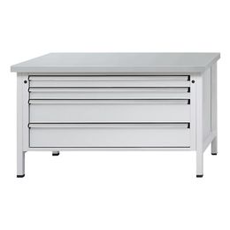 ANKE Werkbank mit XL/XXL-Schubladen, Gestellbauweise, Breite 1500 mm, 4 Schubladen, Stahlblechbelagplatte, Front lichtgrau