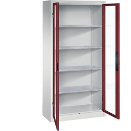 C+P Sichtfenster-Flügeltürschrank, HxBxT 1950 x 930 x 400 mm, 4 Fachböden, lichtgrau / rubinrot