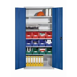 eurokraft pro Materialschrank aus Stahlblech, mit 12 Sichtlagerkästen, lichtgrau RAL 7035 / enzianblau RAL 5010