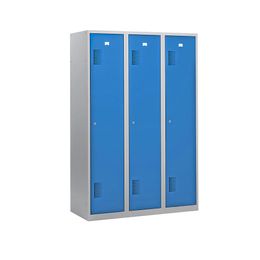 eurokraft basic Spind Amsterdam, 3 Abteile, lichtgrau / lichtblau, Breite 1200 mm, Zylinderschloss