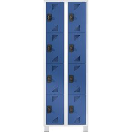 eurokraft pro 4er-Schließfachschrank Bremen, 2 Abteile, lichtgrau / brillantblau, Breite 600 mm, 8 Fächer