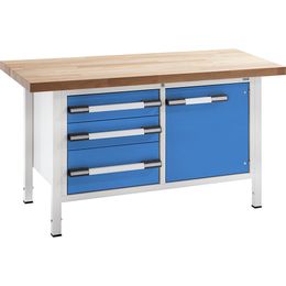 eurokraft pro Höhenverstellbare Werkbank, Gestellbauweise, Breite 1500 mm, 3 Schubladen, 1 Tür, grau / blau