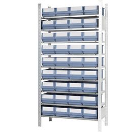 eurokraft pro Steckregal mit Regalkästen, Höhe 2000 mm, 36 Kästen, 9 Fachböden, Tiefe 436 mm, Anbauregal