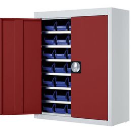 Mauser Magazinschrank mit Sichtlagerk&auml;sten, HxBxT 820 x 680 x 280 mm, zweifarbig, Korpus grau, T&uuml;ren rot, 42 K&auml;sten, ab 3 Stk