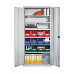 eurokraft pro Materialschrank aus Stahlblech, mit 12 Sichtlagerkästen, lichtgrau RAL 7035