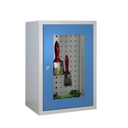 Pavoy Hängeschrank, Höhe 600 mm, mit Sichtfenstertür/en, Breite 400 mm, gelochte Rückwand, grau / blau