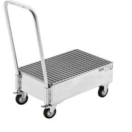 eurokraft basic Fahrbare Auffangwanne aus Stahlblech, LxB 800 x 500 mm, 2 x 60-l-Fass stehend, feuerverzinkt