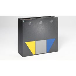 Var Wertstoffsammelstation TRAPEZ, 3 x 89 l, mit Aufsatz und Klemmring, antiksilber, 3 Einsätze gelb / silber / blau