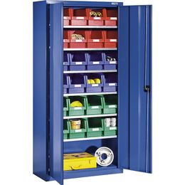 eurokraft pro Materialschrank aus Stahlblech, mit 24 Sichtlagerkästen, enzianblau RAL 5010