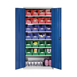 eurokraft pro Materialschrank aus Stahlblech, mit 24 Sichtlagerkästen, lichtgrau RAL 7035 / enzianblau RAL 5010