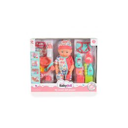 Moni Kinderpuppe soft 31 cm Ess- und Badezubehör, Flaschen, Kleidung, Schnuller rot