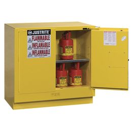 Justrite FM-Sicherheits-Kleinschrank, Untertischschrank, zweitürig, selbstschließend, gelb