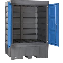 eurokraft pro PE-Gefahrstoffdepot mit Türen, für 4 x 200-l-Fässer, Auffangvolumen 1150 l