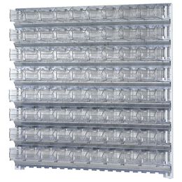 Mauser Wandregalsystem mit Sichtlagerkästen, 8 Schienen, 72 Kästen, HxB 1000 x 1010 mm
