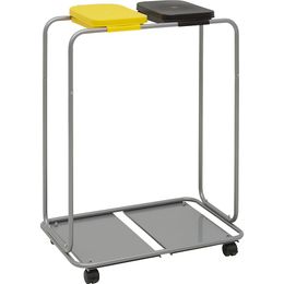 eurokraft basic Müllsackhalter aus Stahl mit Kunststoffdeckel, für Volumen bis 2 x 120 l, Fahrgestell, Deckel gelb und schwarz