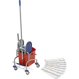 eurokraft pro Edelstahl-Reinigungswagen-Set, 25-l-Eimer, Halter und 10 Mopps, inklusive Mopppresse