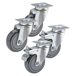 Proroll Gummireifen thermoplastisch, Set-Angebot, 2 x Lenkrolle und 2 x Lenkrolle mit Doppelstopp, Montageplatte, Rad-Ø x Breite 50 x 18 mm