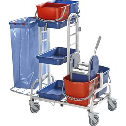 eurokraft pro Reinigungswagen Edelstahl, 2 x 10-l-Eimer, 2 x 15-l-Eimer mit Mopppresse, Kunststoffrollen