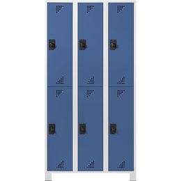 eurokraft pro Doppelstock-Spind Bremen, 3 Abteile, lichtgrau / brillantblau, Breite 1200 mm, 6 Fächer