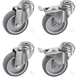 Proroll Set aus thermoplastischen Gummireifen, Gehäuse Edelstahl, mit Rückenloch, 4 Lenkrollen, davon 2 mit Doppelstopp, Rad-Ø x Breite 50 x 19 mm