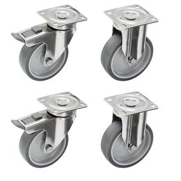 Proroll Set aus thermoplastischen Gummireifen, Gehäuse Edelstahl, Montageplatte, 2 Lenkrollen mit Stopp, 2 Bockrollen, Rad-Ø x Breite 125 x 32 mm