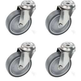 Proroll Set aus thermoplastischen Gummireifen, Gehäuse Edelstahl, mit Rückenloch, 4 Lenkrollen, Rad-Ø x Breite 100 x 32 mm