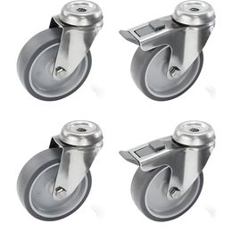 Proroll Set aus thermoplastischen Gummireifen, Gehäuse Edelstahl, mit Rückenloch, 4 Lenkrollen, davon 2 mit Doppelstopp, Rad-Ø x Breite 125 x 32 mm