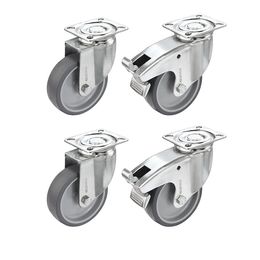 Proroll Set aus thermoplastischen Gummireifen, mit Montageplatte, 2 Lenkrollen und 2 Lenkrollen mit Doppelstopp, Rad-Ø x Breite 75 x 25 mm