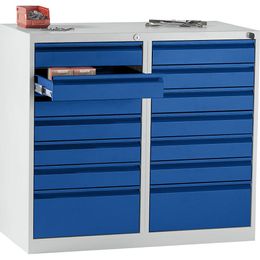 eurokraft basic Schubladenschrank, Stahl, HxBxT 900 x 1000 x 500 mm, 14 Schubladen, Schubladen enzianblau