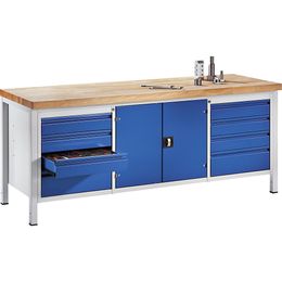 Rau Werkbank, Gestellbauweise, 8 Schubladen Größe L, 1 Werkzeugschrank, Tiefe 700 mm, Breite 2000 mm