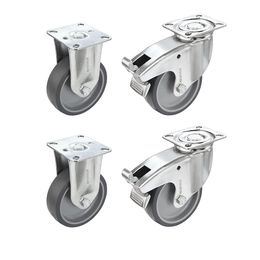 Proroll Set aus thermoplastischen Gummireifen, mit Montageplatte, 2 Lenkrollen mit Doppelstopp und 2 Bockrollen, Rad-&Oslash; x Breite 75 x 25 mm