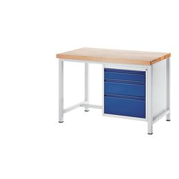 Rau Werkbank, Gestellbauweise, 3 Schubladen Größe L je 1 x 120/180/240 mm hoch, Tiefe 700 mm, Breite 1250 mm