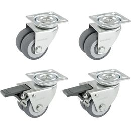 Proroll Set Doppelrollen aus thermoplastischen Gummireifen, 4 Lenkrollen davon 2 mit Doppelstopp, mit Montageplatte, Rad-Ø x Breite 50 x 19 mm, Gleitlager