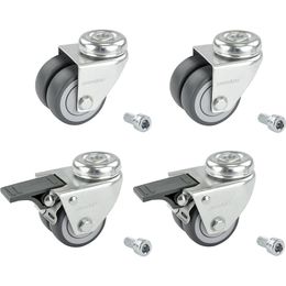 Proroll Set Doppelrollen aus thermoplastischen Gummireifen, 4 Lenkrollen davon 2 mit Doppelstopp, mit Rückenloch, Rad-Ø x Breite 50 x 19 mm, Kugellager
