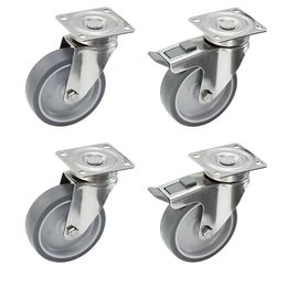 Proroll Set aus thermoplastischen Gummireifen, Gehäuse Edelstahl, Montageplatte, 4 Lenkrollen, davon 2 mit Doppelstopp, Rad-Ø x Breite 100 x 32 mm