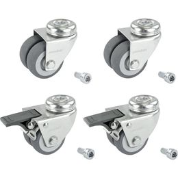 Proroll Set Doppelrollen aus thermoplastischen Gummireifen, 4 Lenkrollen davon 2 mit Doppelstopp, mit Rückenloch, Rad-Ø x Breite 50 x 19 mm, Gleitlager