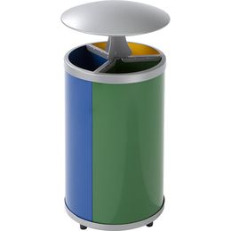 Var Wertstoffsammler, rund, Volumen 3 x 30 l, HxØ 950 x 420 mm, mit Dach, gelb, blau, grün