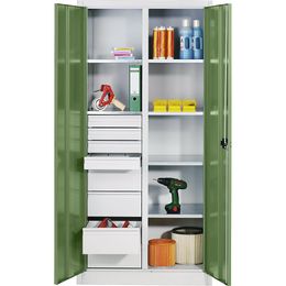 C+P Materialschrank aus Stahlblech, 6 Fachböden, 8 Schubladen, HxBxT 1950 x 1200 x 500 mm, Türe resedagrün, Korpus lichtgrau