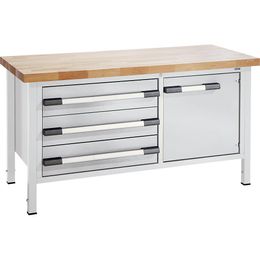 eurokraft pro Höhenverstellbare Werkbank, Gestellbauweise, Breite 1500 mm, 3 Schubladen 180 mm, 1 Tür, grau
