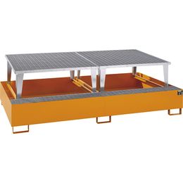 eurokraft pro Stahl-Auffangwanne für Tankcontainer IBC / KTC, LxBxH 2650 x 1460 x 865 mm, mit 2 Abfüllaufsätzen, Auffangvolumen 1000 l, lackiert, orange RAL 2000