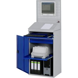 Rau Computer-Arbeitsstation, Lochwand, Schreibpult, Ausziehboden, Schublade, Breite 650 mm, lichtgRau / enzianblau
