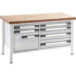 eurokraft pro Höhenverstellbare Werkbank, Gestellbauweise, Breite 1500 mm, 6 Schubladen, 1 Tür, grau