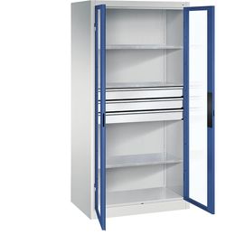 C+P Sichtfenster-Flügeltürschrank, HxBxT 1950 x 930 x 600 mm, 3 Fachböden, 3 Schubladen, lichtgrau / enzianblau